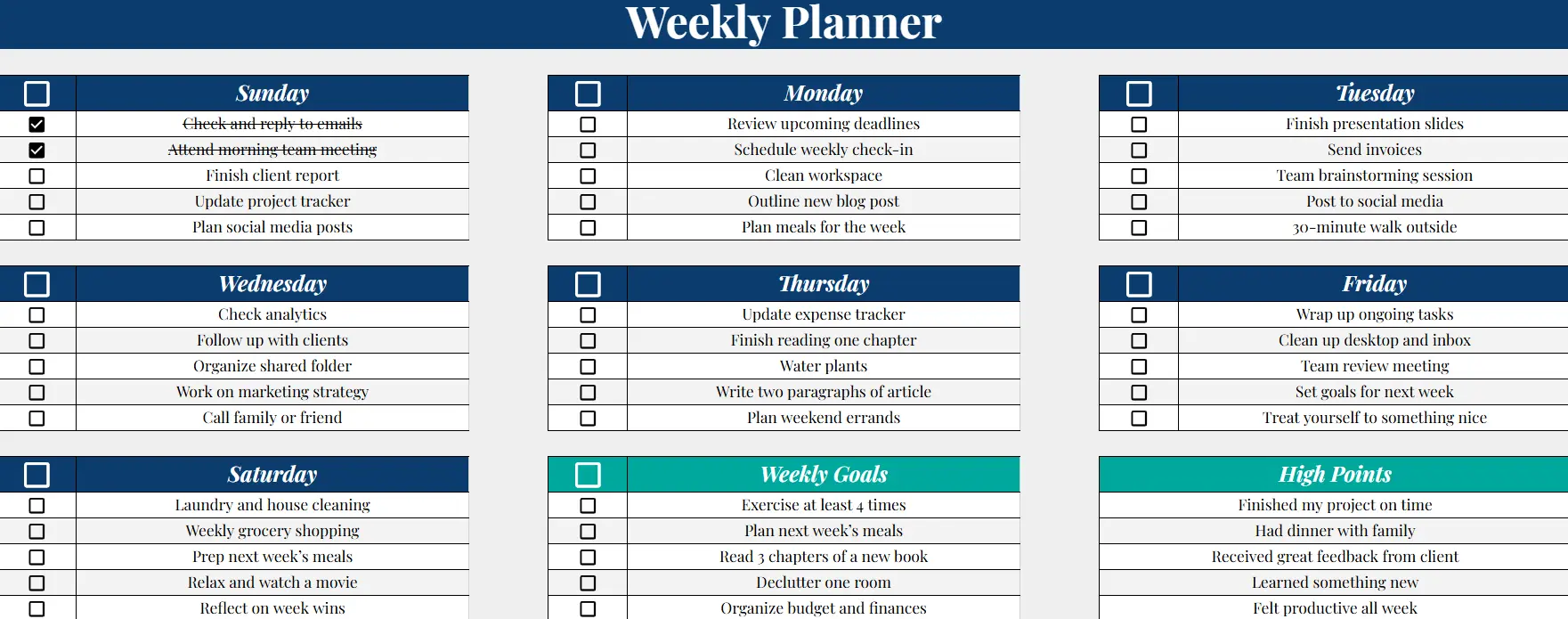 Free Weekly Planner Google Sheets Template (2026) | Sheetrix