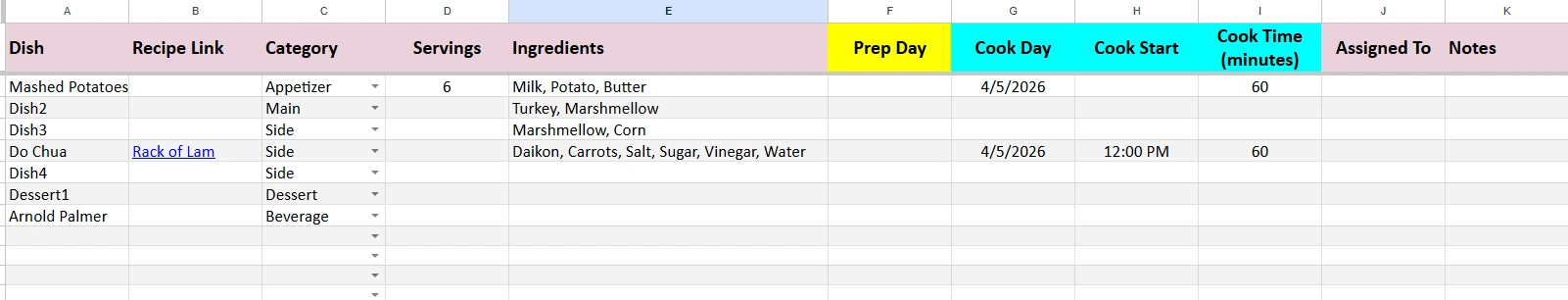 Free Easter Dinner Spreadsheet (Google Sheets) | Sheetrix