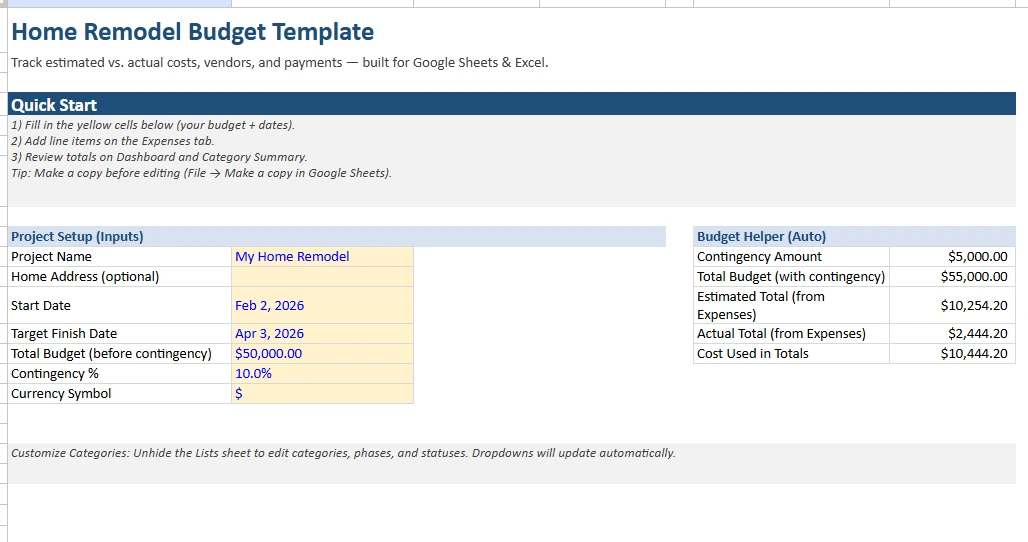 Free Home Remodel Budget Template (Google Sheets)