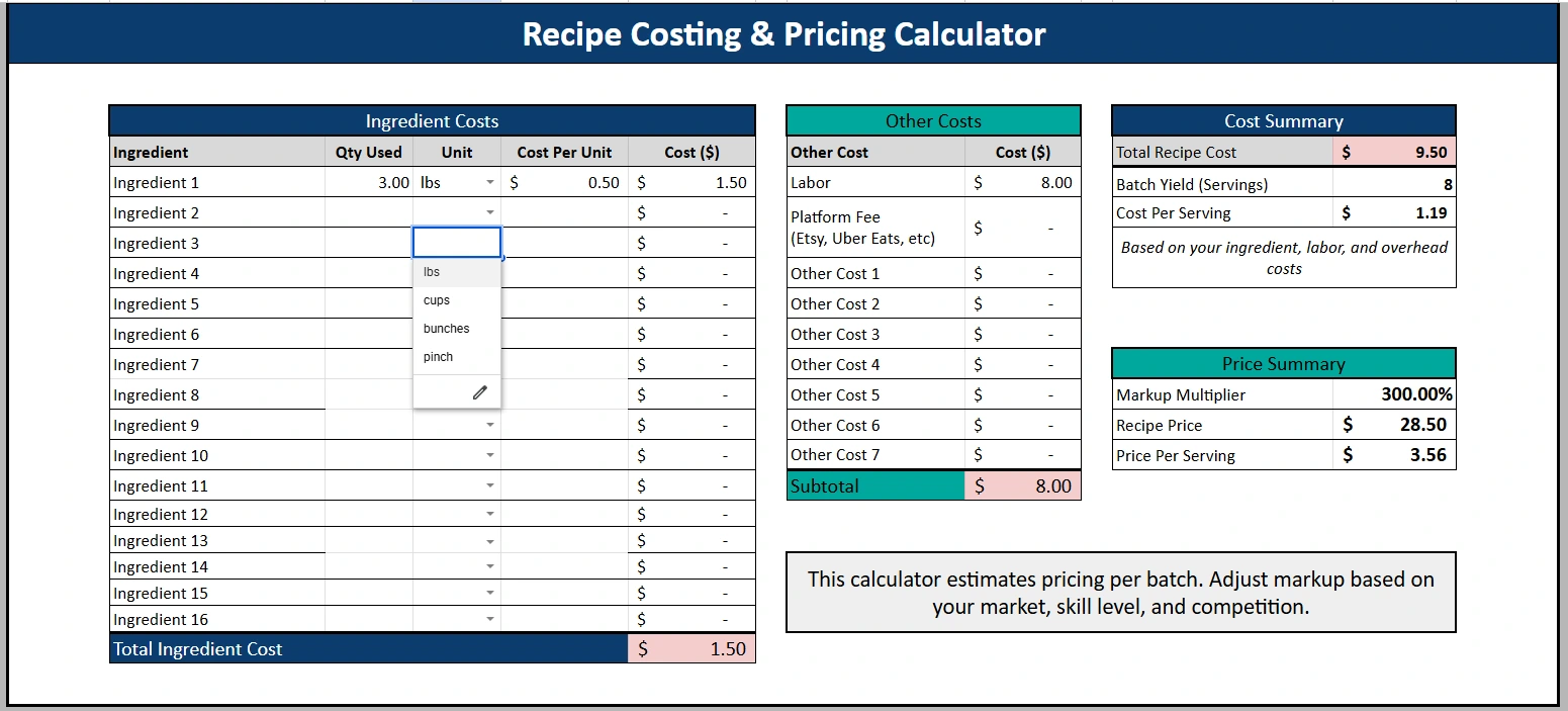 Free Recipe Costing Calculator Spreadsheet (Google Sheets)