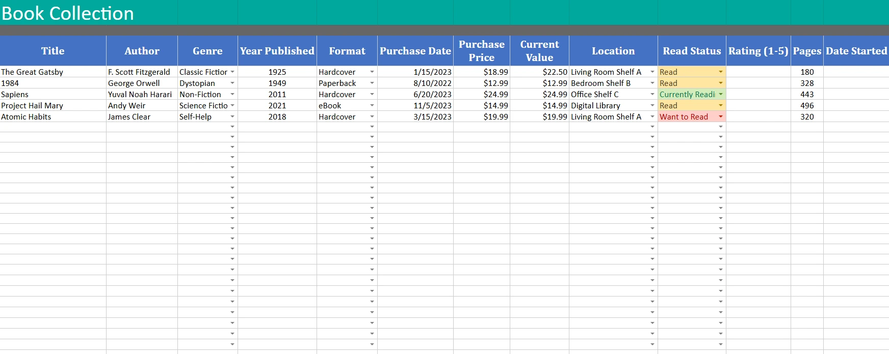 Book Collection Spreadsheet (Google Sheets)