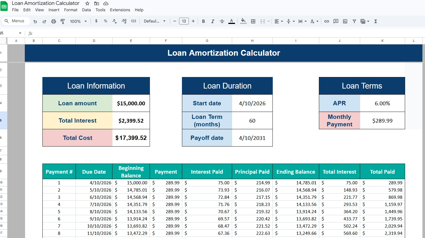 Free Loan Amortization Calculator for Google Sheets